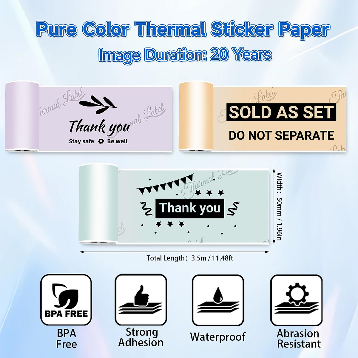 NelkoGlobal Mini Sticker Printer with 3 Rolls of 50mm*3.5m Green/Purple/Orange Self-Adhesive Thermal Printer Paper