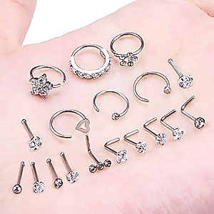 Boernfnso 20G Nose Rings Hoop Stud for Women Men Surgical Steel Nose Rings Studs Paved CZ Flower Nose Piercing Jewelry L Shaped Nose Ring Stud Set nose jewelry
