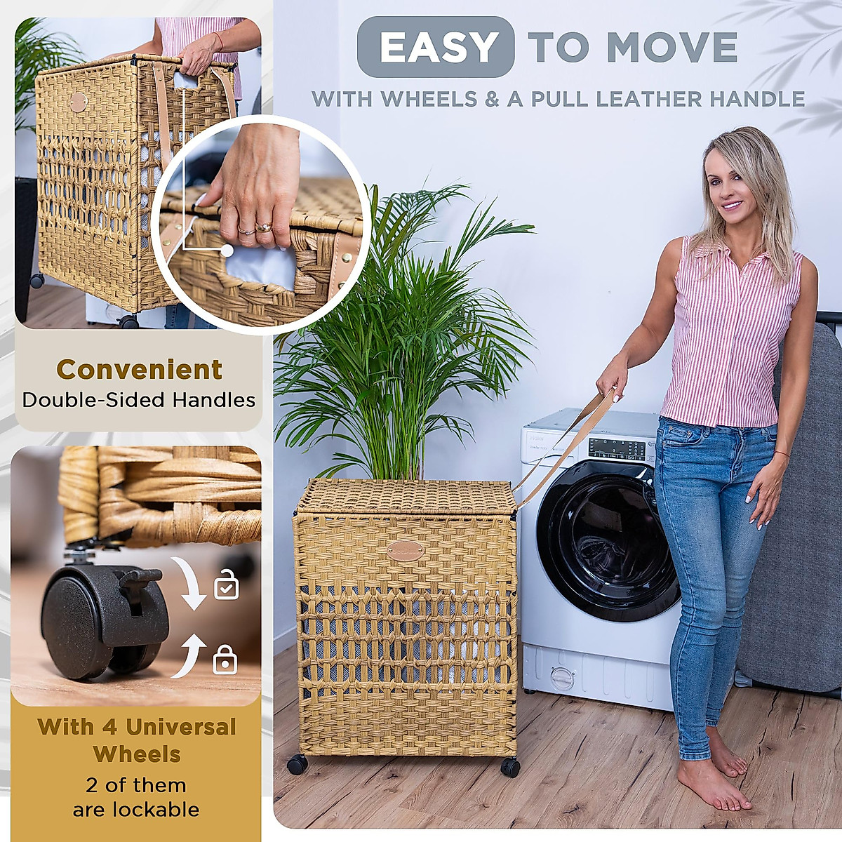 BeeDaul Laundry Hamper 2 Section with Lid, Wheels Made of Synthetic Rattan - Includes 2 Removable Mesh Laundry Bags, Foldable, with Handle - Laundry Sorter and Organizer, Bathroom Essentials