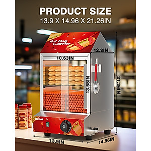 WantJoin Hot Dog Steamer - 2 Tiers Electric Hot Dog Steamer with Bun Warmer 27 L/24.52 QT, Visuable Glass Slide Doors Suit for 175 Hot Dogs and 40 Buns
