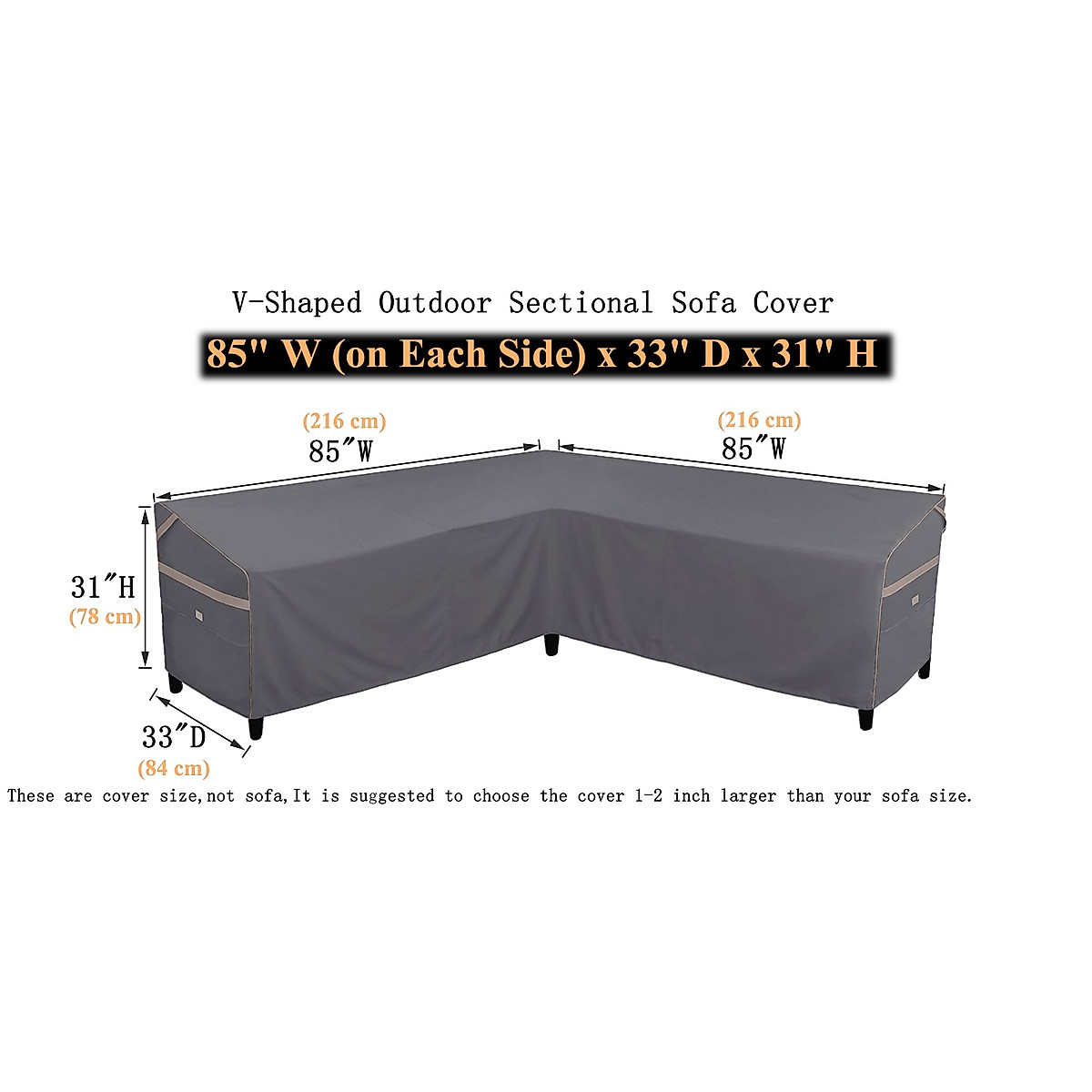Garden Balsam Heavy Duty Waterproof Patio Furniture Covers,Fade Resistant Outdoor Sofa Covers V-Shaped Sofa Cover 85" W (on Each Side) x 33" D x 31" H Dark Grey