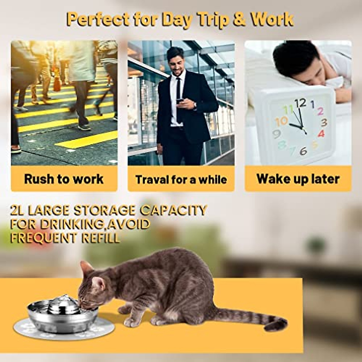 Cat Water Fountain All Stainless Steel,710z/2.1L Large Capacity,Round Design,Quiet Design,Visible Water Level,360° Automatic Cat Water Dispenser Easy Assemble and Clean,Supply Water Even Power Off