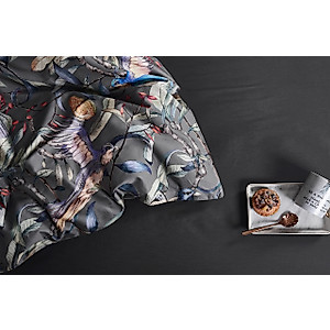 Eikei Home Chinoiserie Chic Peacock Floral Duvet Cover Paradise Garden Botanical Bird and Tree Branches Vintage Stylized Long Staple Cotton Bedding Set (Gray, Queen)