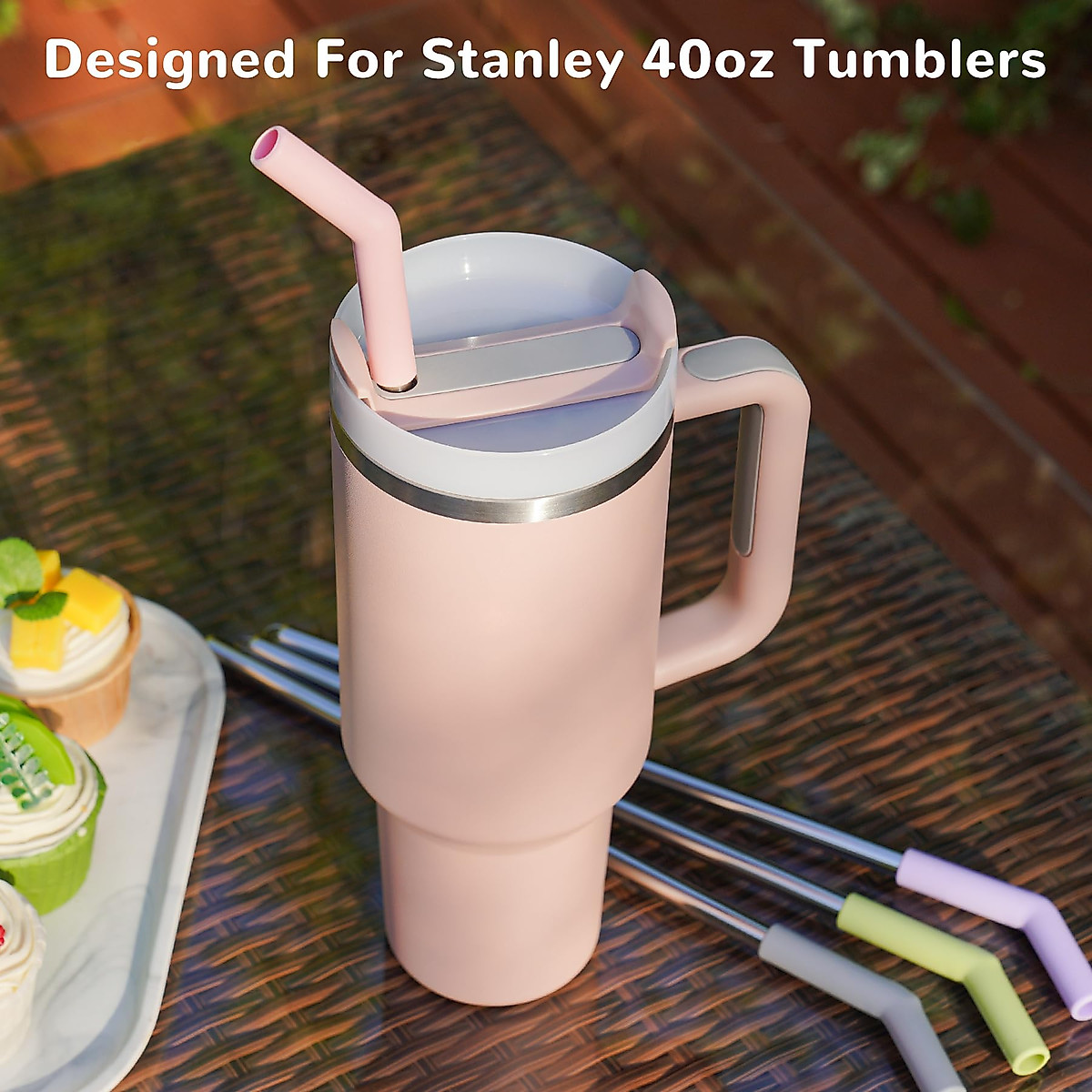 Tomorotec 40oz Straws, 13 Inch Stainless Steel Straw with Silicone Extender Tip for Stanley Adventure Quencher Tumbler 6-Pack with 2 Brushes, 0.35" Diameter Straws Food Grade BPA-Free Colorful Set