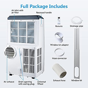 Rintuf 12000 BTU Portable Air Conditioner, Cools Rooms up to 550 Sq.ft, Portable AC with Dehumidifier & Fan & Smart Timer, with Handy Remote, Washable Filter, Universal Wheels, Window Kit