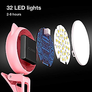 OURRY Selfie Clip on Ring Light, Mini Rechargeable 9 Level Adjustable Brightness Light with 32 LED, 2-8 Hours, USB Flash Lighting for iPhone/Android Cell Phone Photography,Video, Vlogging - Pink