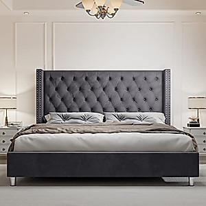 PaPaJet Tufted Upholstered Platform Bed Frame King Size Velvet Low Profile Platform Beds Raised Wingback Headboard with Strong Wooden Slats/Mattress Foundation/Easy Assembly, Dark Grey