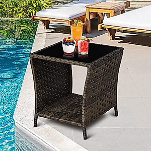 FIZZEEY Outdoor Side Table - Outdoor Wicker Side End Tables for Patio w/Storage Shelf, Brown