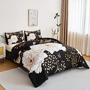 PERFEMET Floral Comforter Set King, White Botanical Flower and Gold Leaves Pattern Printed on Black Design, Soft Reversible Garden Style Butterfly Print Bedding Set for Men Women (Black, King)