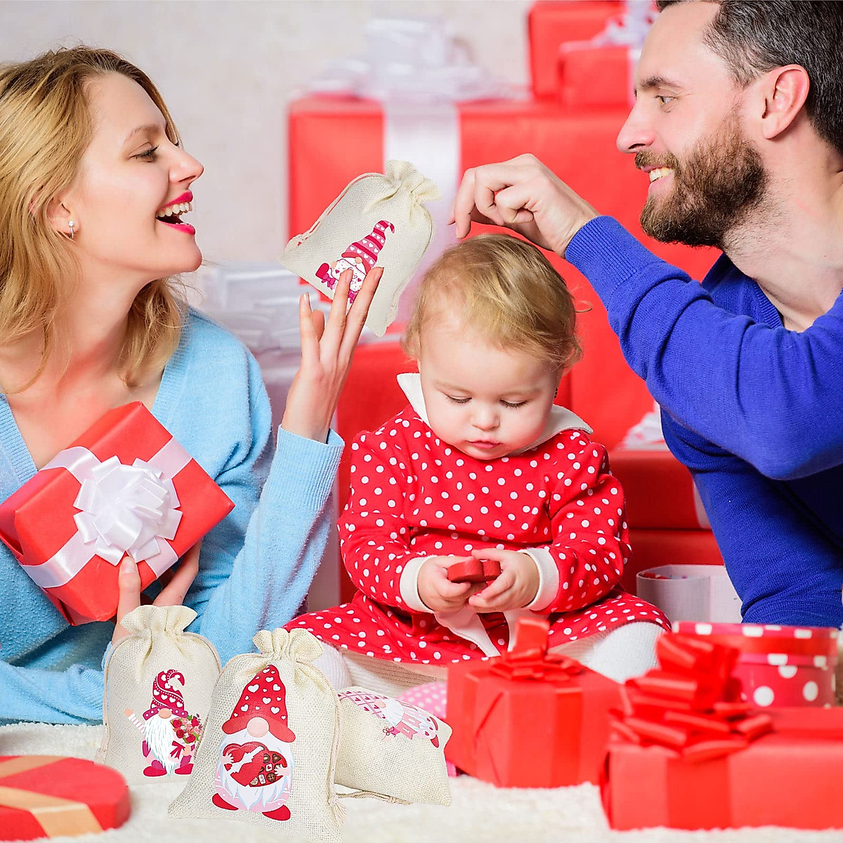 Whaline 24Pcs Valentine's Day Burlap Gift Bags Pink Gnome Pattern Drawstring Candy Bags Rustic Linen Pouches Sacks for Valentine's Day Party Favors Wedding Bridal Shower Supplies, 5 x 7Inch