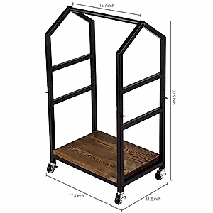MyGift 30 Inch Industrial Firewood Cart in Rustic Burnt Wood and Black Metal Cottage Frame - Indoor Rolling Fire Log Lumber Holder Storage Rack Trolley