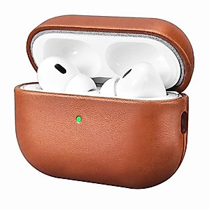 ICARERFAMILY Leather Case for AirPods Pro 2 (2022), Genuine Leather Shockproof Protective Cover for AirPods Pro 2 Earphones Charging Case (LED Visible) Support Wireless Charger Brown