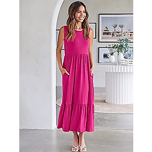 ANRABESS Women's Summer Casual Sleeveless Crewneck Swing Sundress Fit & Flare Flowy Tiered Maxi Dress with Pockets 499shenmeihong-XL Rose