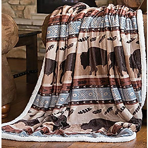 Carstens, Inc Wrangler Buffalo Southwestern Sherpa Fleece 54x68 Throw Blanket, 54" x 68", Brown