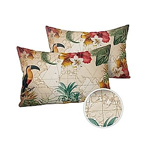 Outdoor Throw Pillows Covers 12X20 Set of 2 Waterproof Tropical Fruits Pineaple Decorative Zippered Lumbar Cushion Covers for Patio Furniture, Floral Animal Bird Vintage