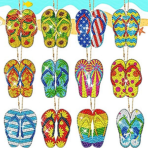 12 PCS Flip Flop Diamond Painting Keychains 5D Diamond Art Key Rings Double Sided Full Drill DIY Ornaments for Beginners Home Decor Summer Party Supplies