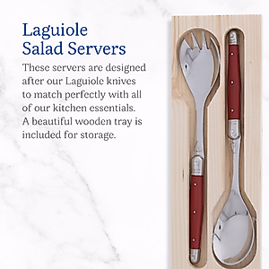 Jean Dubost Salad Servers, Red Handles - Rust-Resistant Stainless Steel - Includes Wooden Tray - Made in France