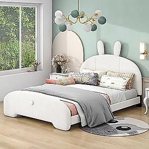 VilroCaz Modern Full Size Upholstered Platform Bed with Cartoon Ears Shaped Headboard for Kids, Teddy Flannel Upholstered Platform Bed Frame with Sturdy Slats Support, No-Noise Design