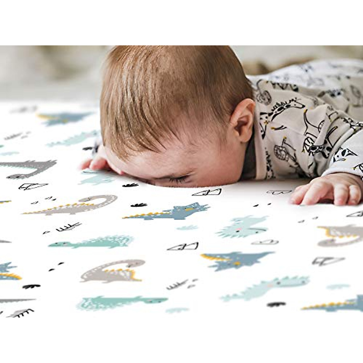 GRSSDER Stretchy Ultra Soft Jersey Knit Fitted Crib Sheets Set 2 Pack, Cozy Crib Sheet Fits All Standard Crib Mattress Pads, Happy Dinosaurs Print Crib Sheets for Boys and Girls