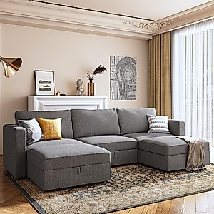 HONBAY Modular Sectional Sofa with Storage, U Shaped Convertable Sectional Couch with Wide Chaise, Deep Seat Modular Sectional Sofa with Ottoman, Dark Grey