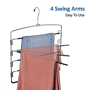 Pants Hangers 4 Pieces, Swing Arm Trousers Hanger, Space Saving Pants Rack, 5 Layers Jeans Hangers with Non-Slip, Multiple Pants Hanger Closet Organizer for Trousers Scarves Ties