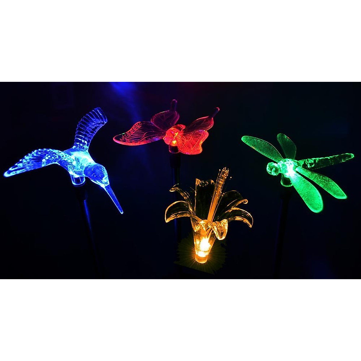 Solaration KB1041 Solar Stake Flower, Hummingbird, Butterfly and Dragonfly Garden Stake Lights, Four Pieces Set
