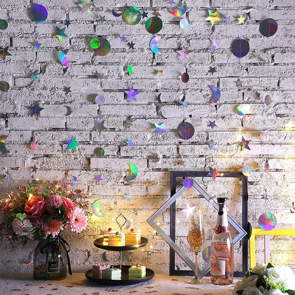 6 Pieces Iridescent Twinkle Moon Stars Circle Garland Streamer Party Decorations for Kids First Birthday Ramadan EID Mubarak Baby Shower Wedding Decor