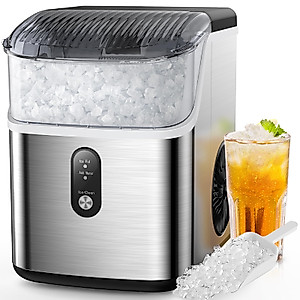 FREE VILLAGE Nugget Ice Makers Countertop, Pebble Ice Maker Machine with Soft Chewable Ice, 35lbs/24H, Self-Cleaning, One-Click Operation, Stainless Steel, Pellet Ice Maker for Home Kitchen Office