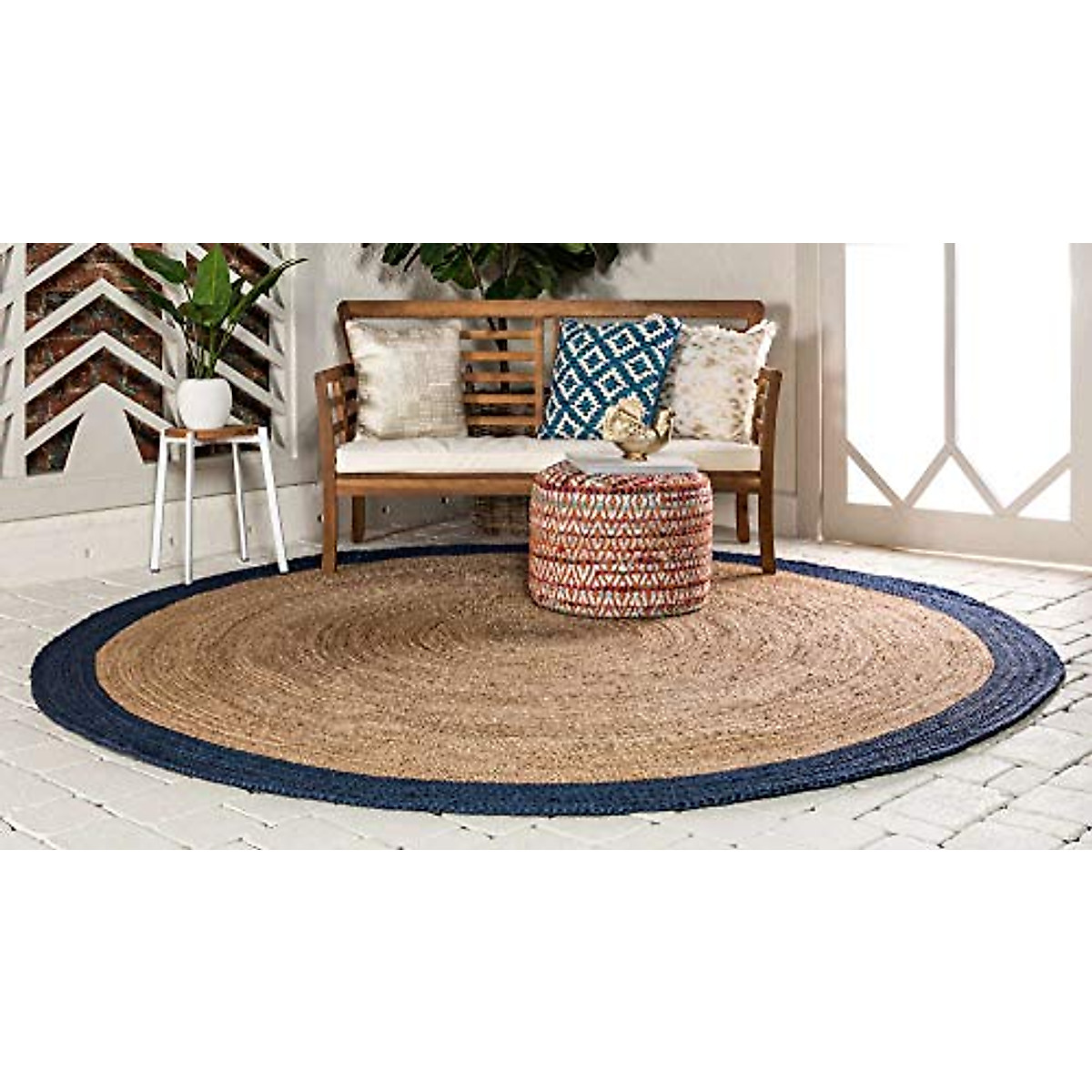 Unique Loom Braided Jute Collection Classic Quality Made Natural Hand Woven with Solid Color Detail Area Rug (8' 0 x 8' 0 Round, Natural/ Navy Blue)