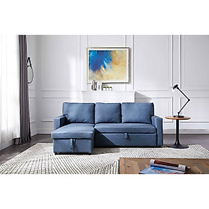 ATY Reversible Sectional Sleeper Sofa with Storage Chaise, L Shape Couch with Pull-Out Bed, Living Room Furniture, 85", Blue