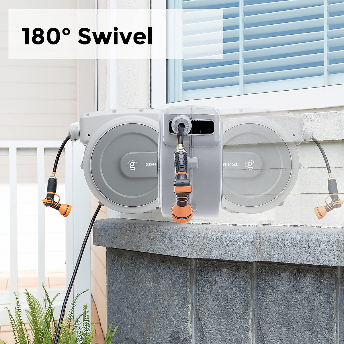Giraffe Tools Retractable Hose Reel 5/8 inch x 90 ft Wall Mounted Water Hose Reel Heavy Duty with Automatic Rewind, 180 Deg Swivel Bracket, Any Length Lock, 9 Pattern Hose Nozzle Light Grey