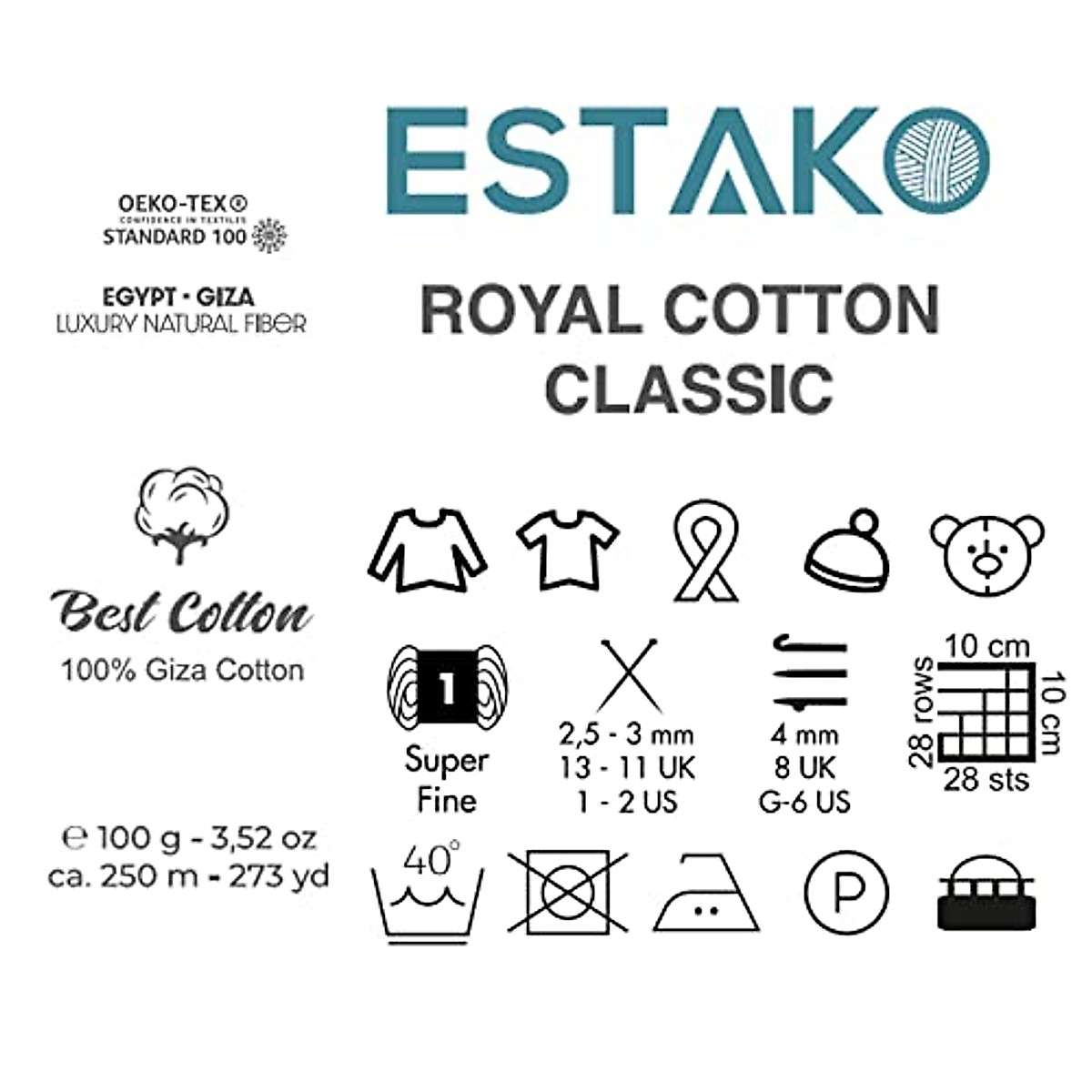 Estako Royal Cotton Classic, 100% Giza Cotton Yarn, Soft, Super Fino 1 for Crochet and Knitting 3.52 Oz (100g) / 273 Yrds (250m) (4071)