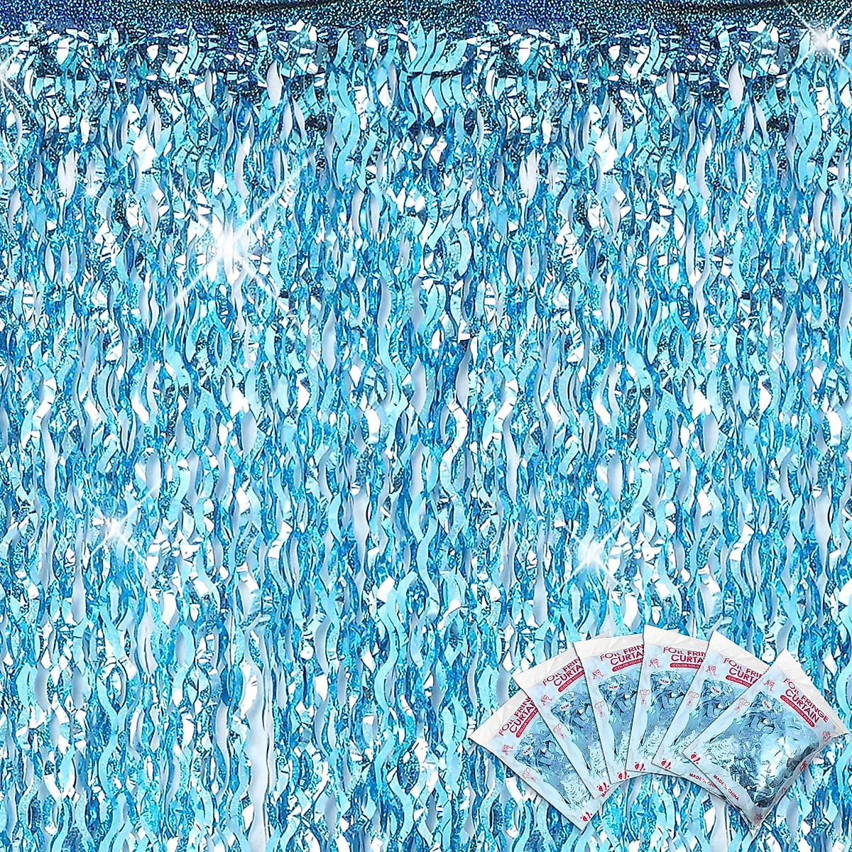 Jutom 6 Pieces Foil Fringe Backdrop Party Fringe Curtain 3.3 x 6.6 ft Tinsel Streamer Backdrop for Graduation Ocean Sea Birthday Wedding Baby Shower Holiday(Light Blue)