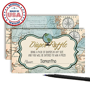 Adventure Awaits World Traveler Gender Neutral Diaper Raffle Tickets for Baby Showers, 20 2" X 3” Double Sided Inserts, Bring a Pack of Diapers to Win Favors & Prizes!