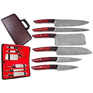 GladiatorsGuild G30 Professional Kitchen Knives Damascus Steel Utility Chef Kitchen Knife Set Red Patook & Wenge Wood with Chopper/Cleaver Pocket Case Chef Knife Roll Bag G30 (1030)