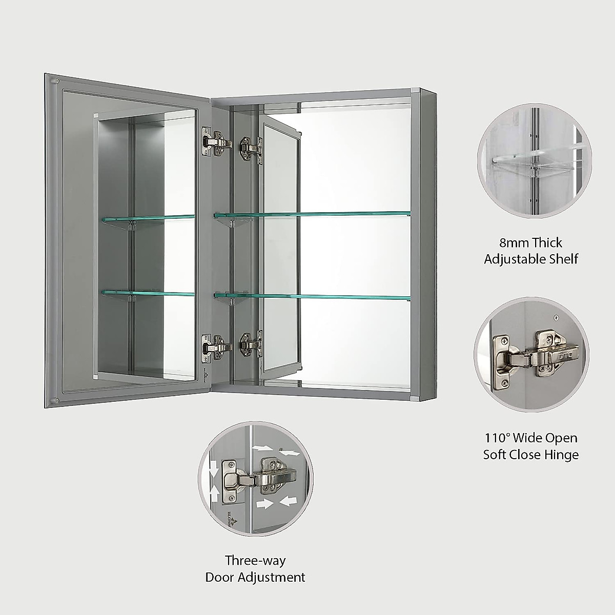 20 Inch x 26 Inch Aluminum Bathroom Medicine Cabinet, Recess Or Surface Mount