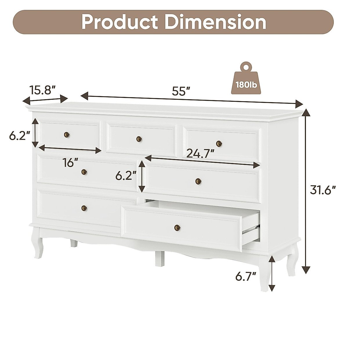 RoyalCraft White 7 Drawer Dresser for Bedroom, Modern Chest of Drawers with Solid Wood Legs and Painted Finish, Wooden Storage Closet Cabinet Organizer for Living Room, Hallway