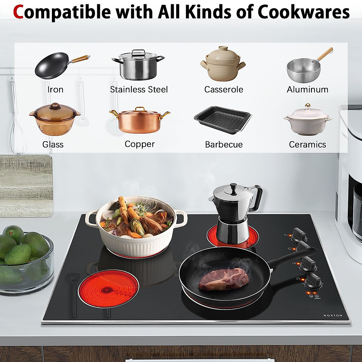 Noxton 30 Inch 4 Burners Electric Cooktop, Built-in 30" Radiant Electric Ceramic Stove Top with Glass Protection Metal Frame,Knob Control, Hot Surface Indicator, 220-240v, No Plug, Hard Wire