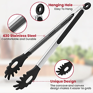 2 PCS Pasta Tong Spaghetti Tongs, 9-Inch & 12-Inch Pasta Server Utensil Pasta Tong Silicone Pasta Tongs With Teeth Silicone Tongs for Serving Food, Spaghetti Noodle, Pasta (Black)