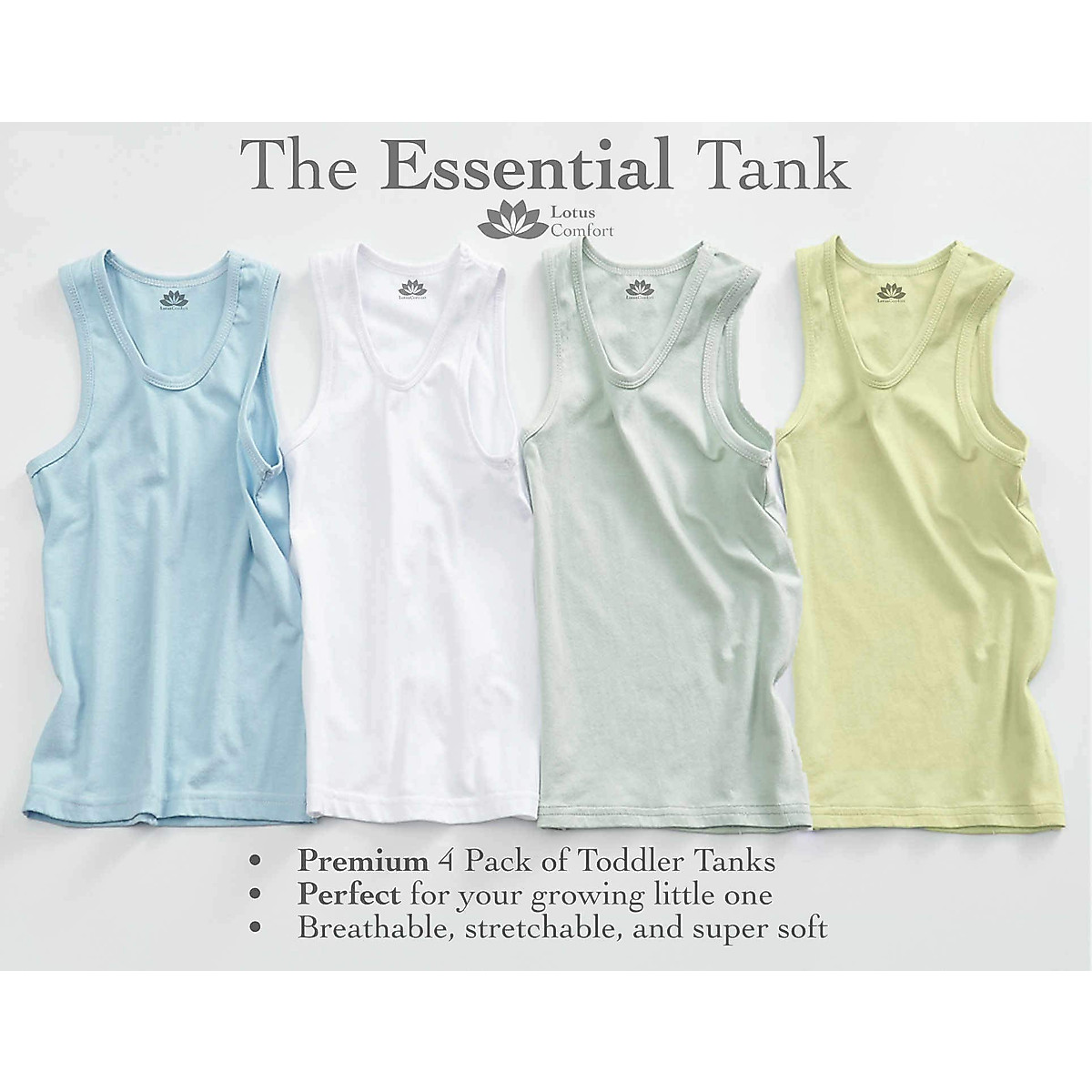 LotusComfort The Essential Tank Young Boys Girls Toddler Unisex 4 Pack Premium Tank Top Undershirt Super Soft Breathable 2T