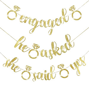 Engagement Party Banners Glitter Gold Letters He Asked She Said Yes Garland for Wedding Engagement Party Hen Party Bridal Shower Bachelorette Party Favor Party Decoration Supplies (GOLD)