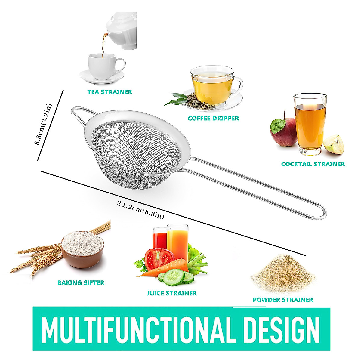 Fine Mesh Strainers for Kitchen, COKUMA Stainless Steel Metal Hand Small Mini Sieve Strainer, Cocktail Strainer Tea Coffee Juice Strainer，Food Strainer with Handlle (3.35inch, Silver)