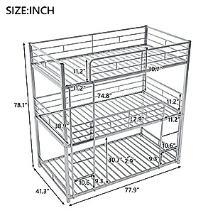 ODC Twin Size Triple Bunk Bed for 3, Twin-Over-Twin-Over-Twin Metal Bunk Bed Frame with Built-in Ladder and Guardrails for Kids, Teens, Boys