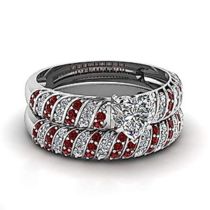 Couple Ring Bridal Set His and Hers Women 10k White Gold Filled Heart Garnet CZ Men Titanium Band 10k Wedding Ring Band Set