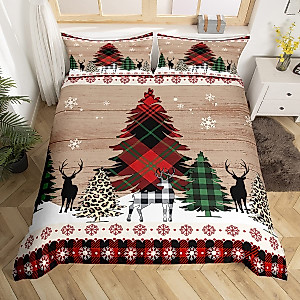 Kids Christmas Duvet Cover Set Queen Size,Deer Pine Snowflake Bedding Set,Girls Boys Adults Room/Xmas Cabin Decor,Brown Wooden Plank Comforter Cover,Rustic Farmhouse Quilt Cover,3pcs,2 pillowcases