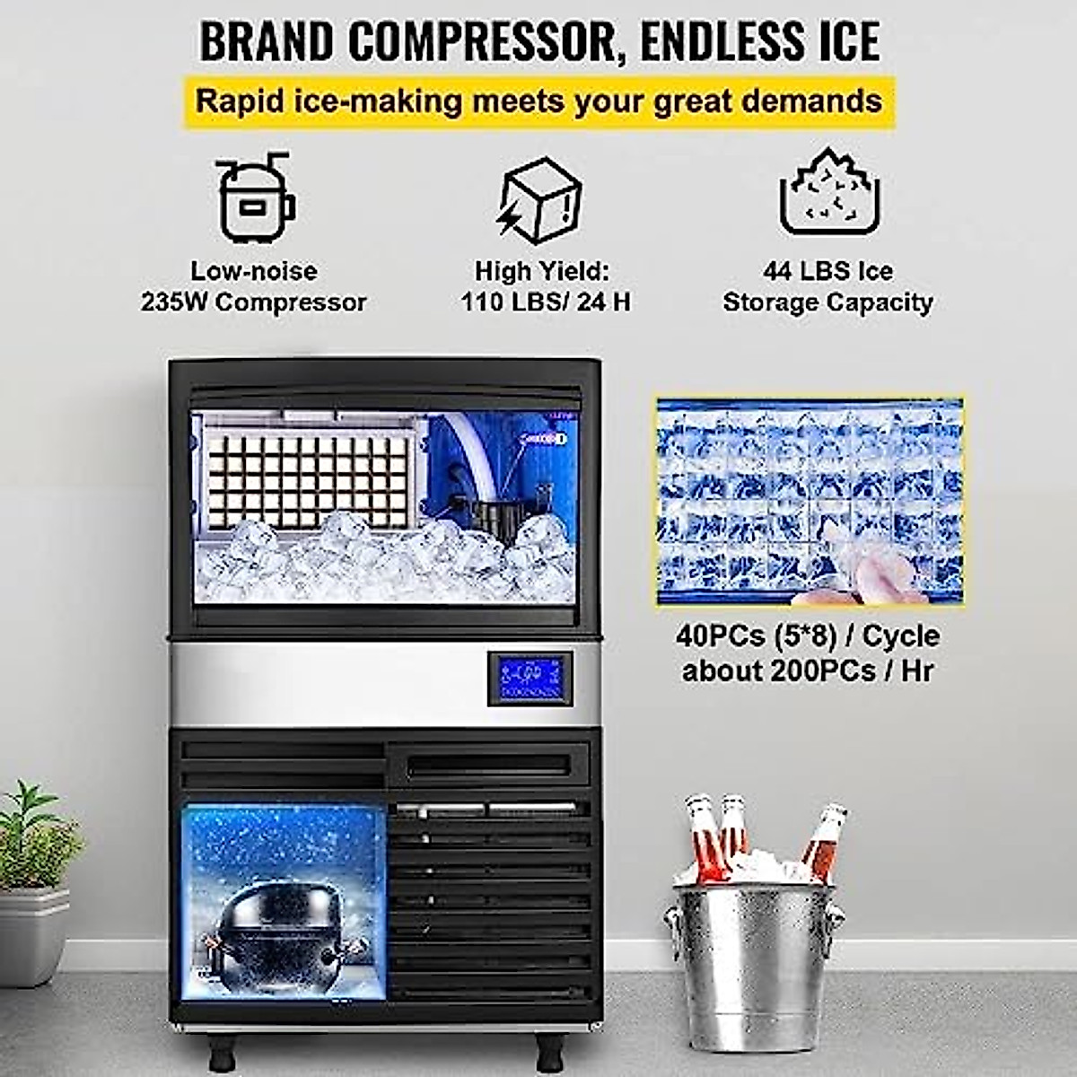 Commercial Stainless Steel Ice Maker Machine with 110LBS/24H Capacity, 39LBS Bin, Electric Water Drain Pump, Water Filter, 2 Scoops, and Connection Hose - Auto Operation for Home, Bar, Restaurant