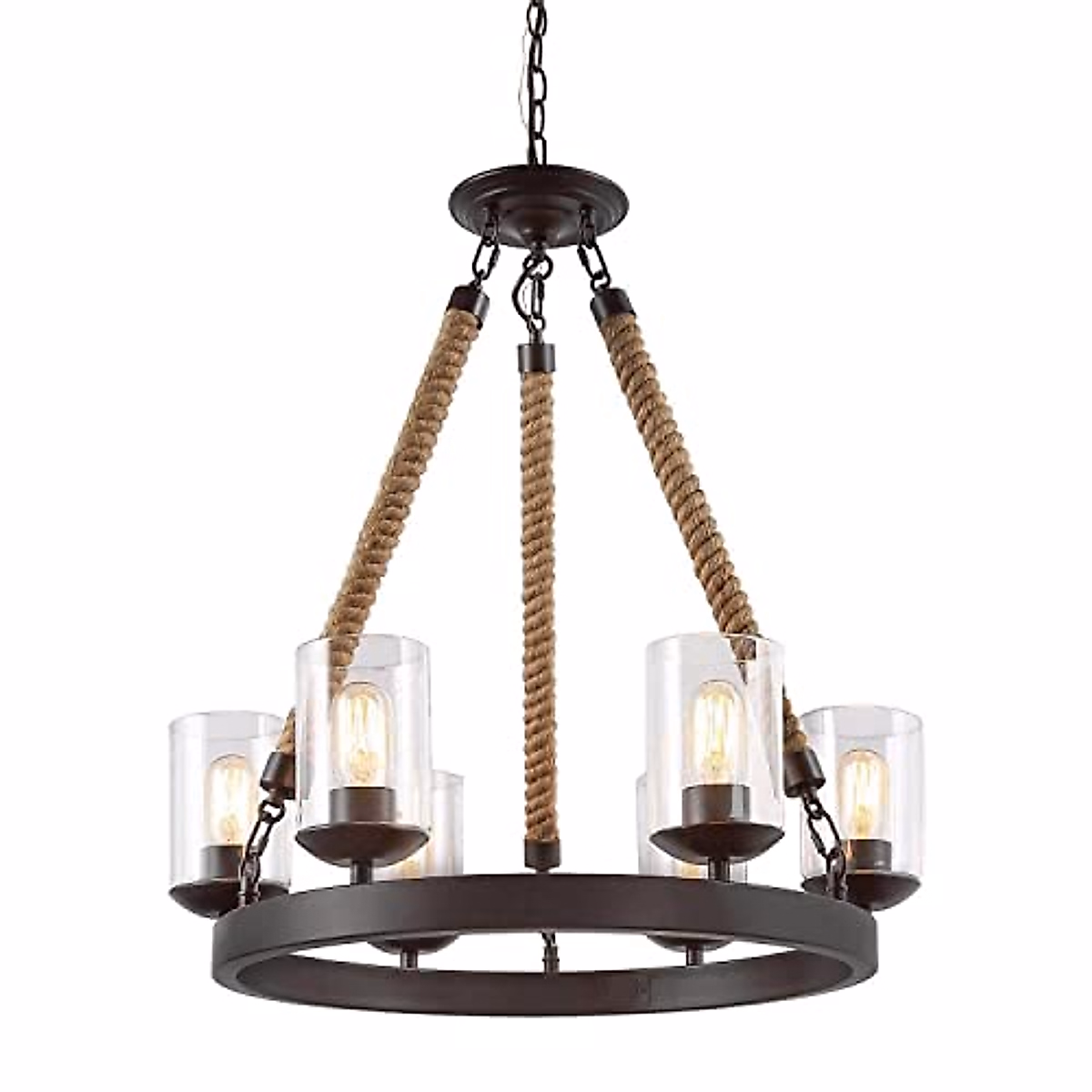 LNC Farmhouse Chandelier, Round Wagon Wheel 6-Light Fixture with Clear Glass Shades for Dining Room, Living Room, Bedroom, Kitchen Island and Foyer