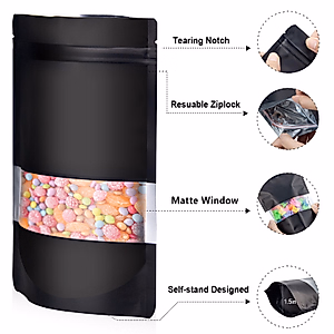 ODDIER 4"x6" 120pcs Smell Proof Mylar Bags for Food Storage, Stand-up Resealable Mylar Bags Food Storage Bags with Matte Window, Foil Pouch Stand-up Bags for Food Self Sealing Storage（Black ）