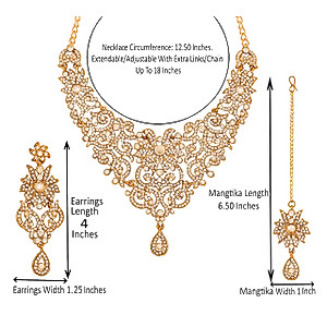 Touchstone Indian jewelry sets for women bollywood gold wedding bridal necklace desi earrings formal fancy rhinestone india designer jewellery punjabi white kundan tikka set in antique gold tone.