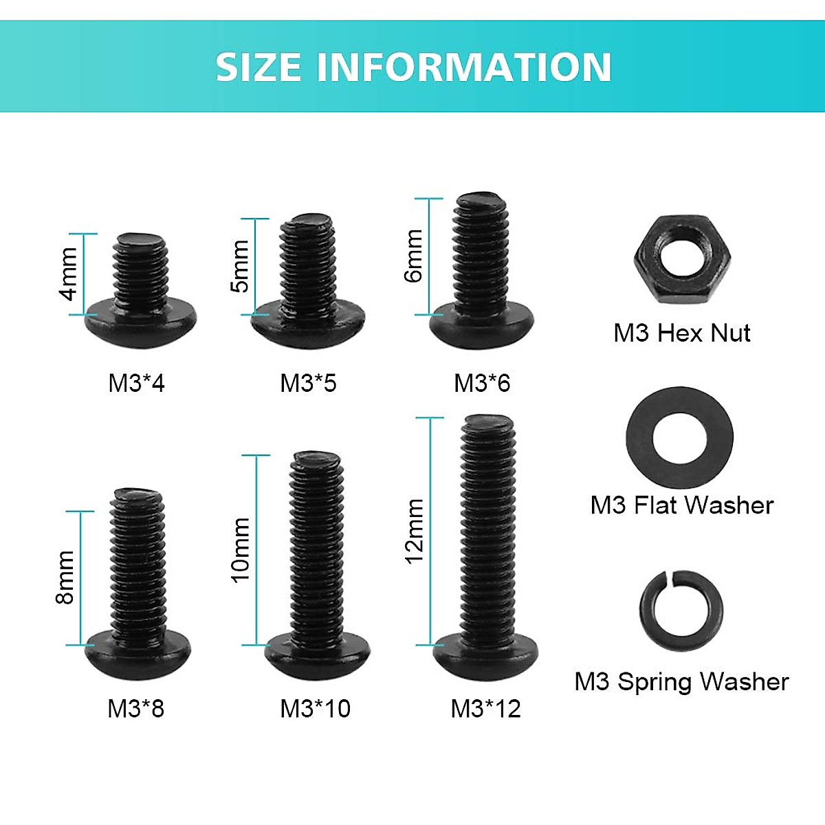 300Pcs M3 Hex Socket Screws Bolts Nuts Washers Set, M3 Button Head, Black Alloy Steel Full Thread Button Flat Head Screws Set Assortment(B-Button Head)